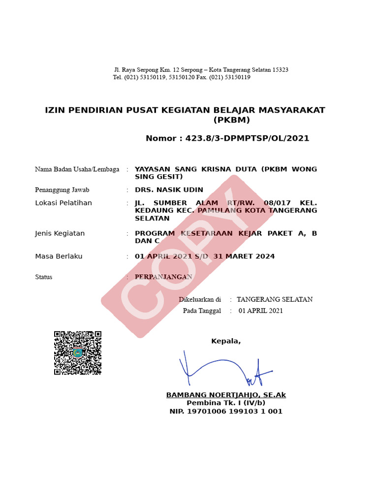 Ijin Operasional WSG | PDF