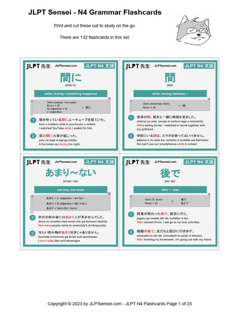 JLPT Sensei - N4 Grammar Flashcards: Print and Cut These Out To Study On The Go. There Are 132 ...