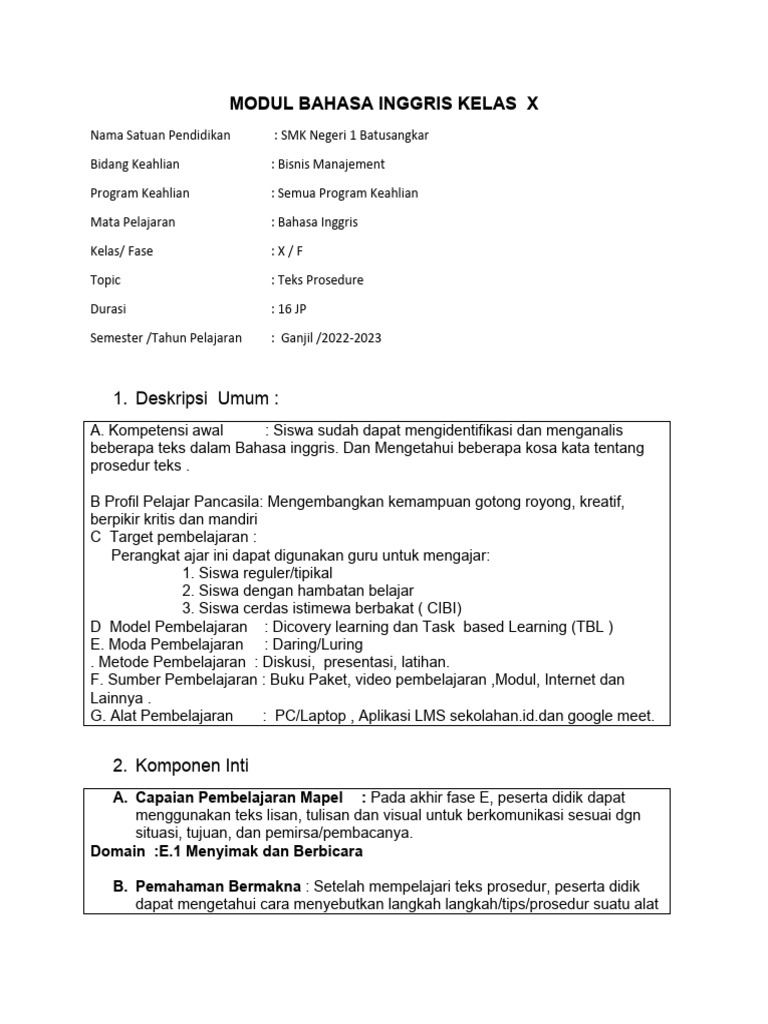 Modul Ajar Bing Kelas X | PDF