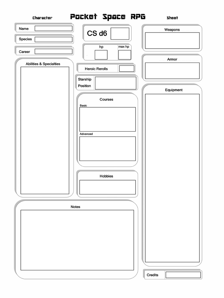 Pocket Space RPG Form Fillable Sheets | PDF