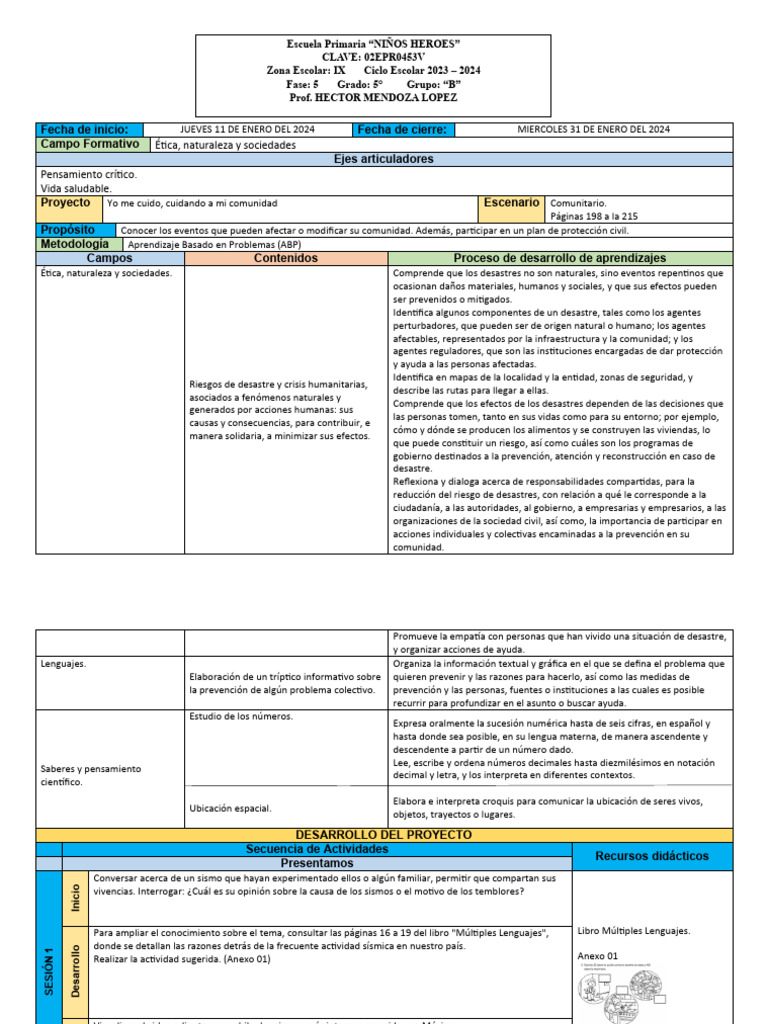 Planeacion Del 5to Grado 01 Yo Me Cuido, Cuidando A Mi Comunidad 2023-2024 | PDF | Las emociones ...