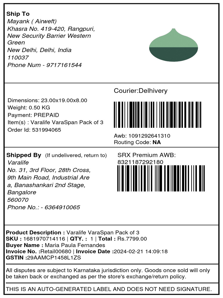 Shipping Label 490080622 8321187292180 PDF | PDF