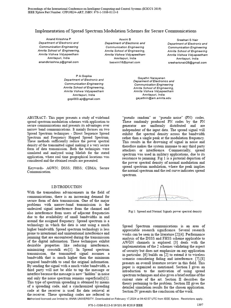 Implementation Of Spread Spectrum Modulation Schemes For Secure