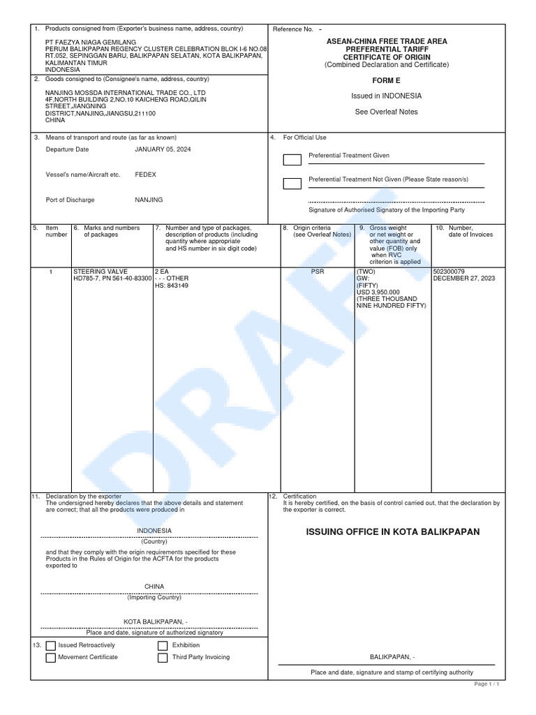(Combined Declaration and Certificate) : Asean-China Free Trade Area ...