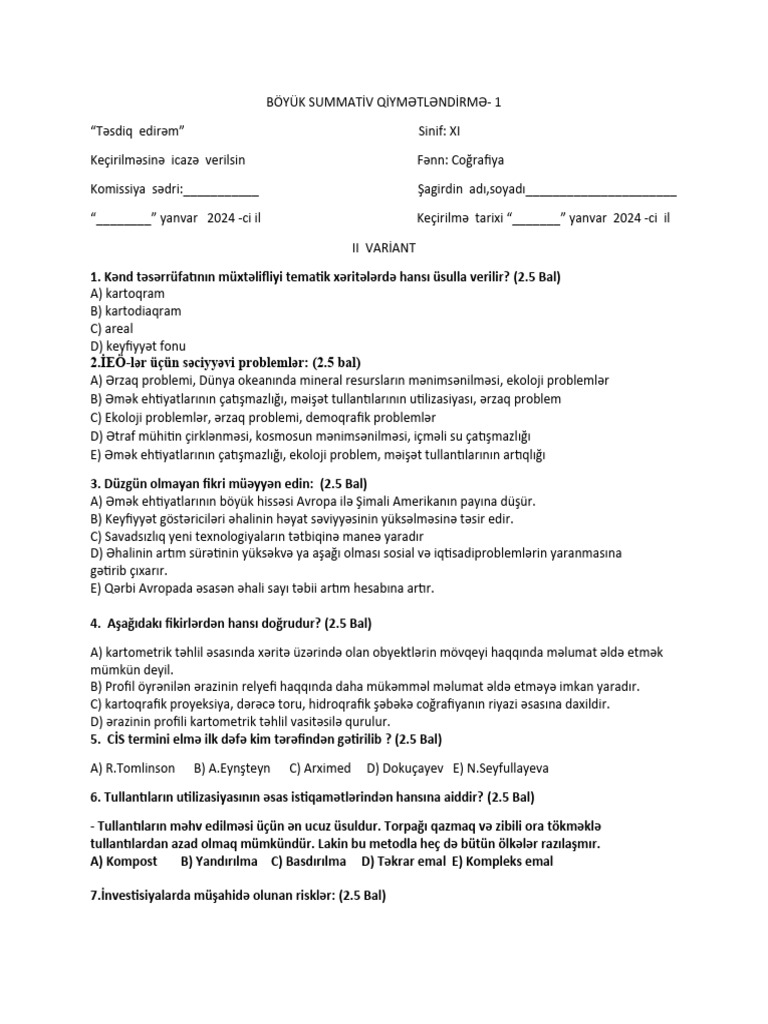 Coğrafiya 11 BSQ 1 2024 II Variant | PDF