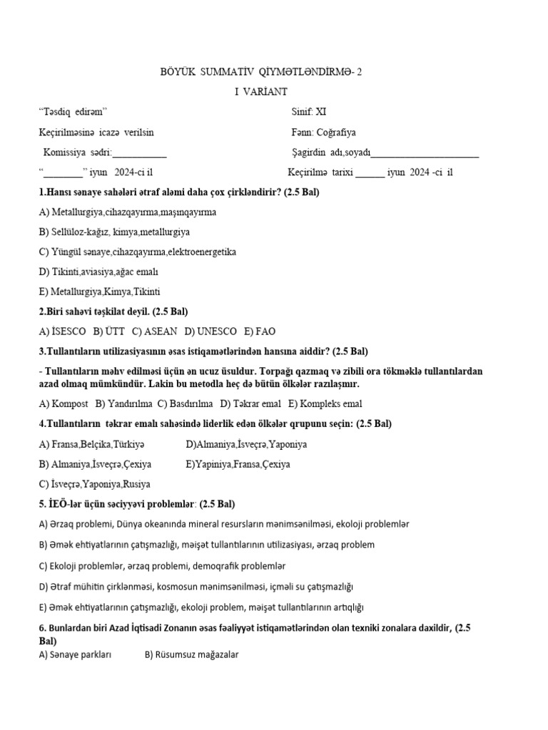 Coğrafiya 11 BSQ I Variant | PDF