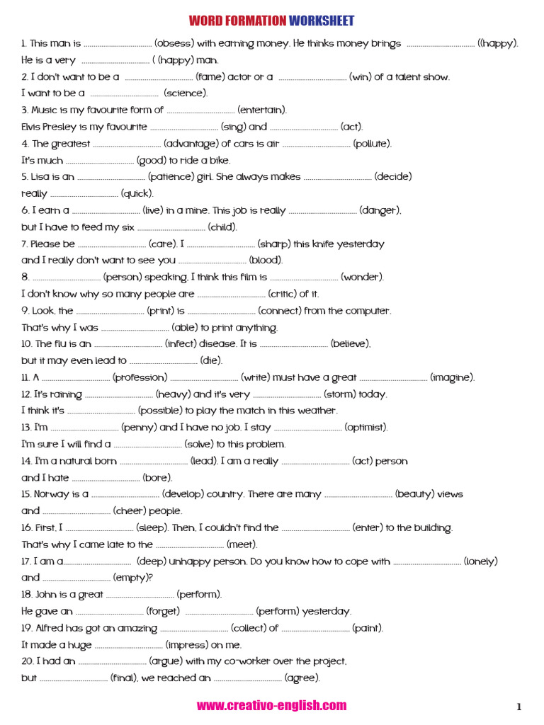 Word Formation WORKSHEET | PDF