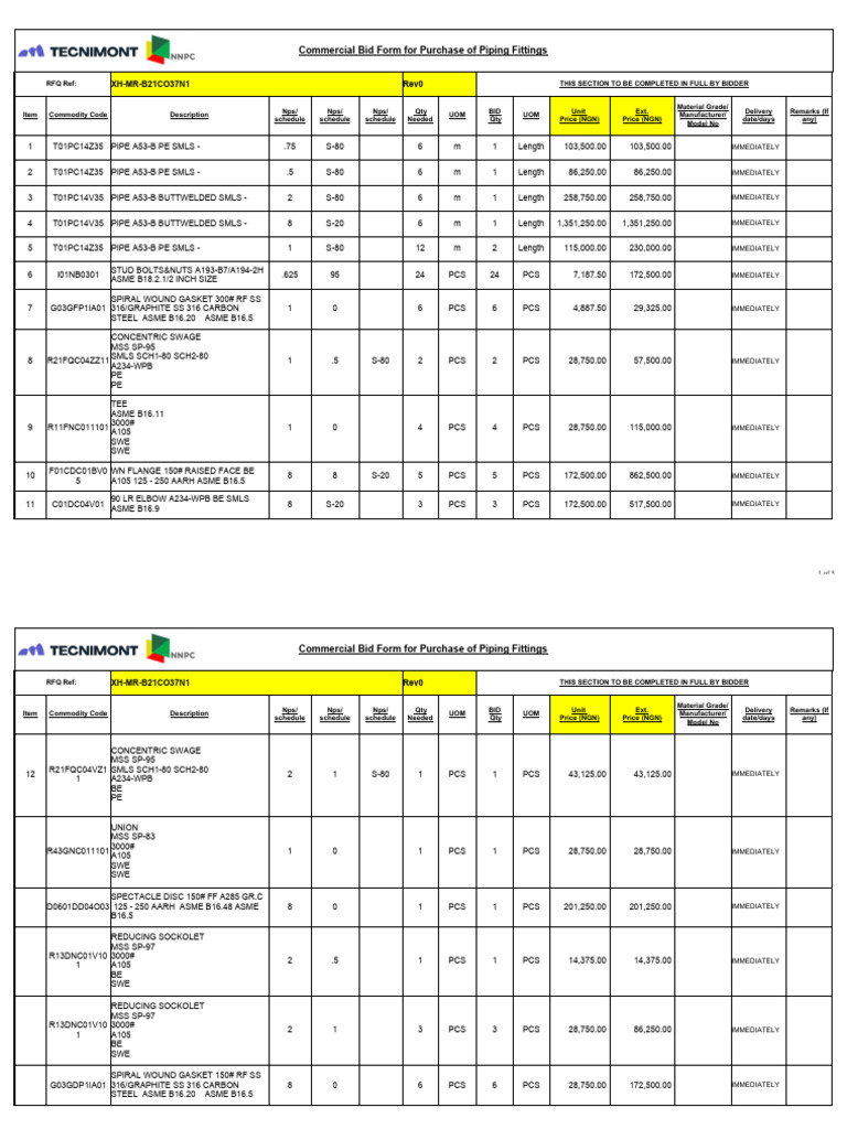 Piping Fittings Commercial Bid Form | PDF | Pipe (Fluid Conveyance ...