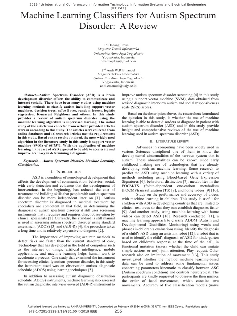Machine Learning Classifiers For Autism Spectrum Disorder A Review | PDF | Autism Spectrum ...