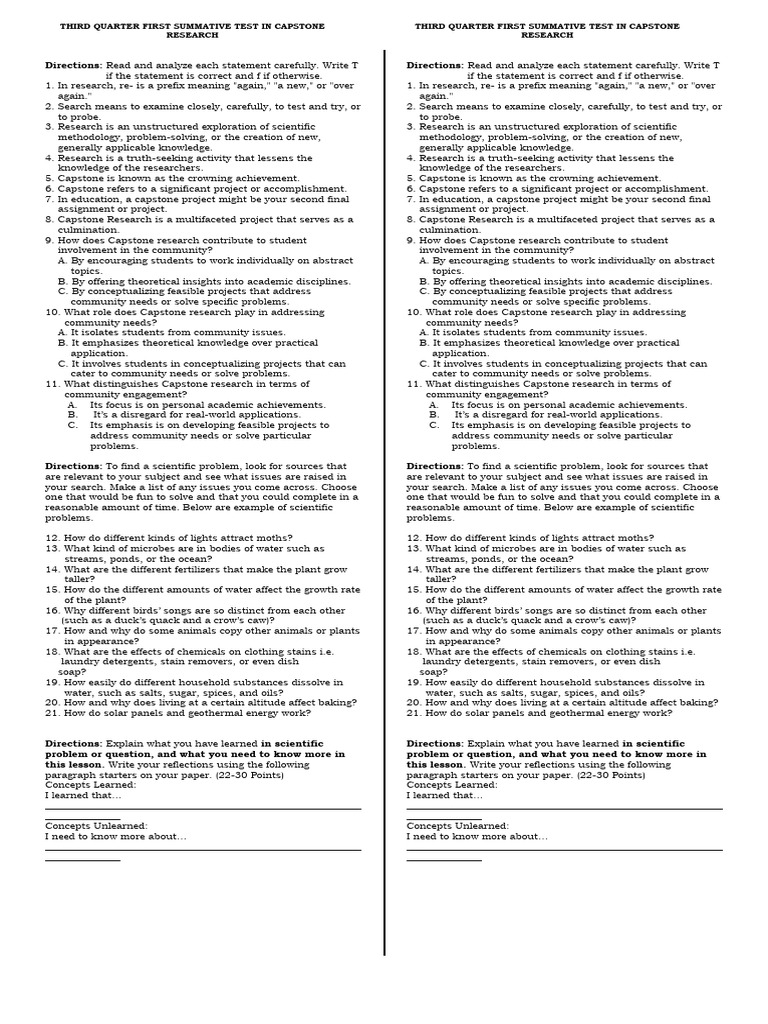 Third Quarter First Summative Test in Capstone Research | PDF | Water ...