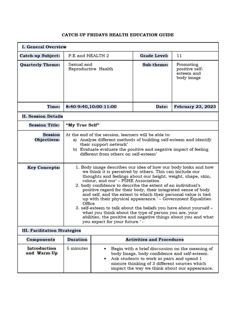 Teaching Guide in Health Education-G-11 Week 2 | PDF | Self Esteem ...