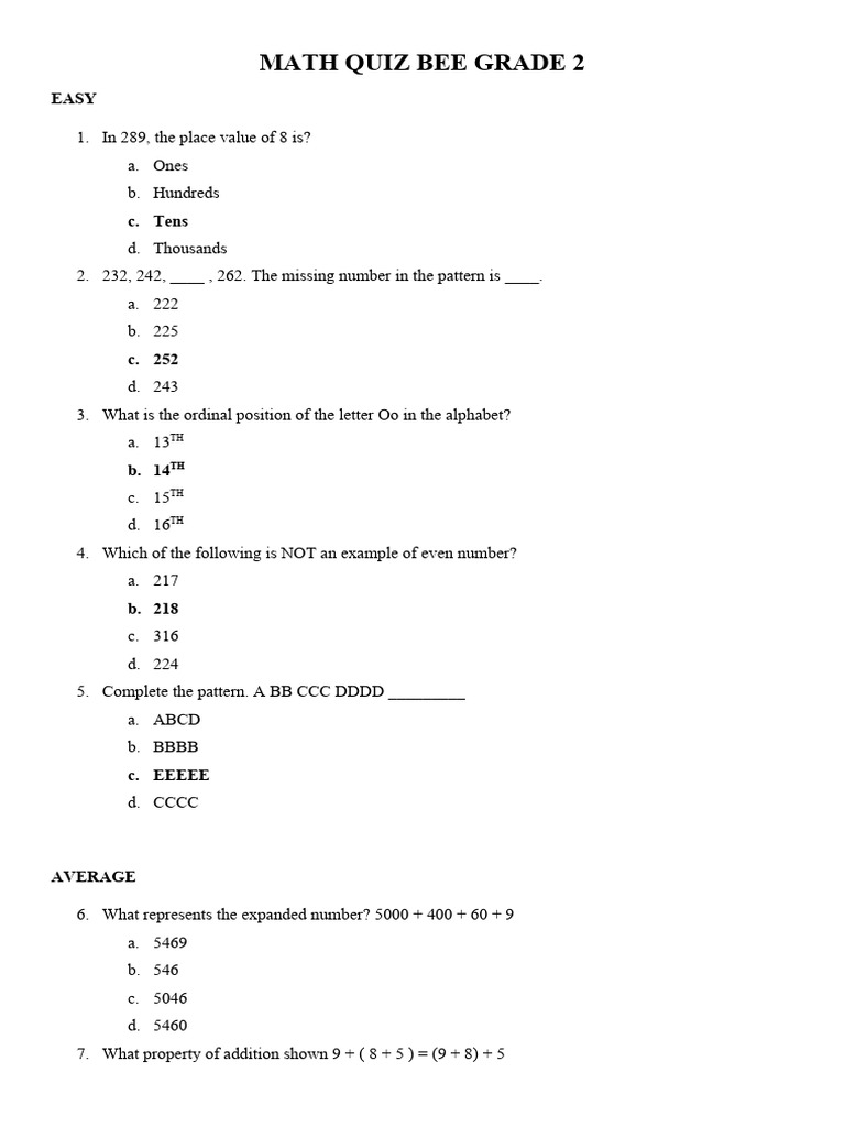 Sample Quiz Bee Grade 2 | PDF