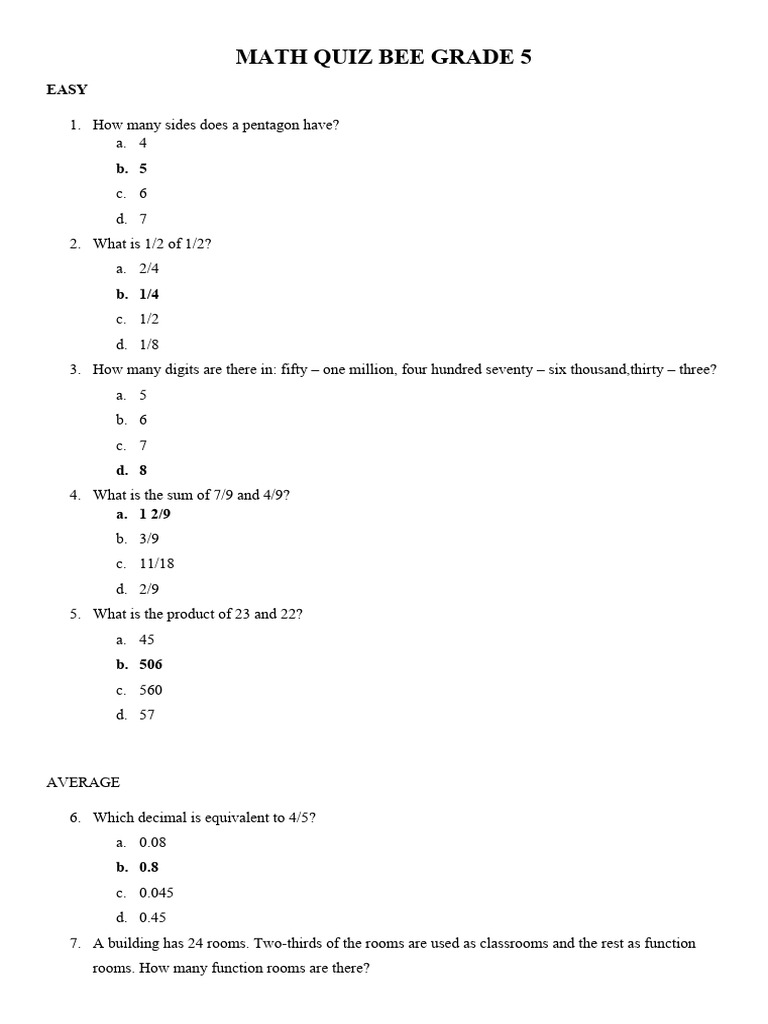 Sample Quiz Bee Grade 5 | PDF | Mathematics | Elementary Mathematics