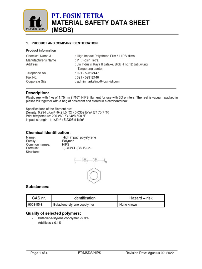 Material Safety Data Sheet - Hips FT | PDF | Combustion | Firefighting