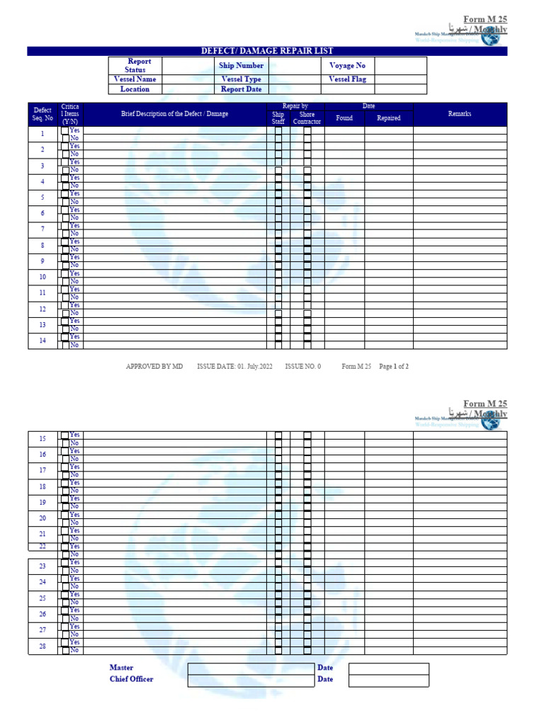 Monthly Defect Repair Report Form M25 | PDF | Ships | Shipping