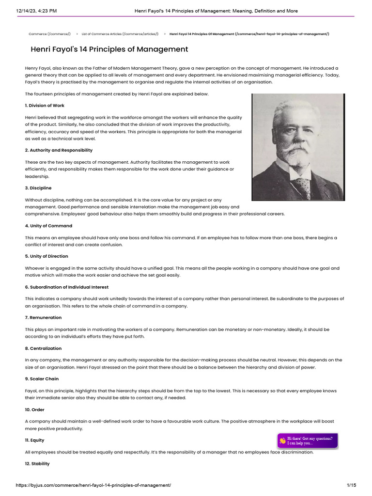 Fayol's 14 Management Principles Explained | PDF | Business