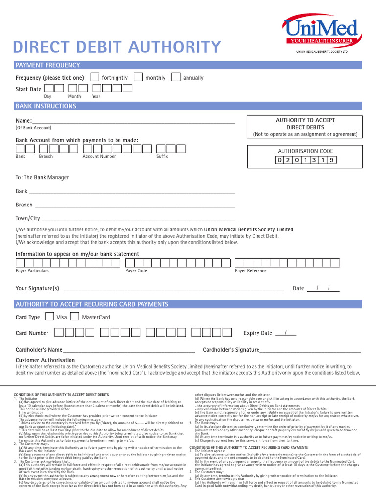 Unimed Direct Debit Authorization Form | PDF | Debit Card | Payments
