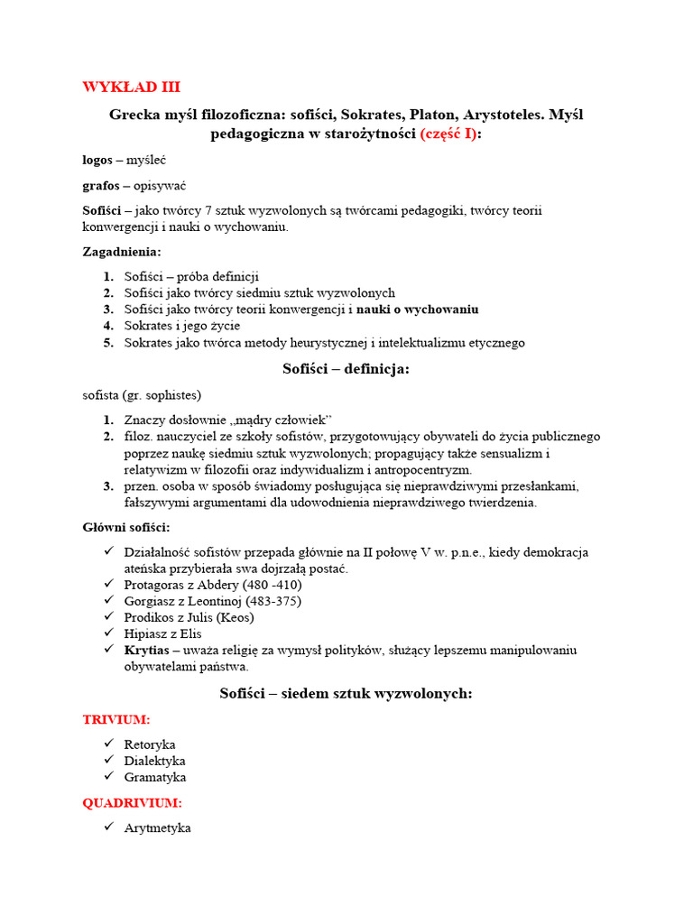 Historia Wychowania - WYKŁAD III | PDF