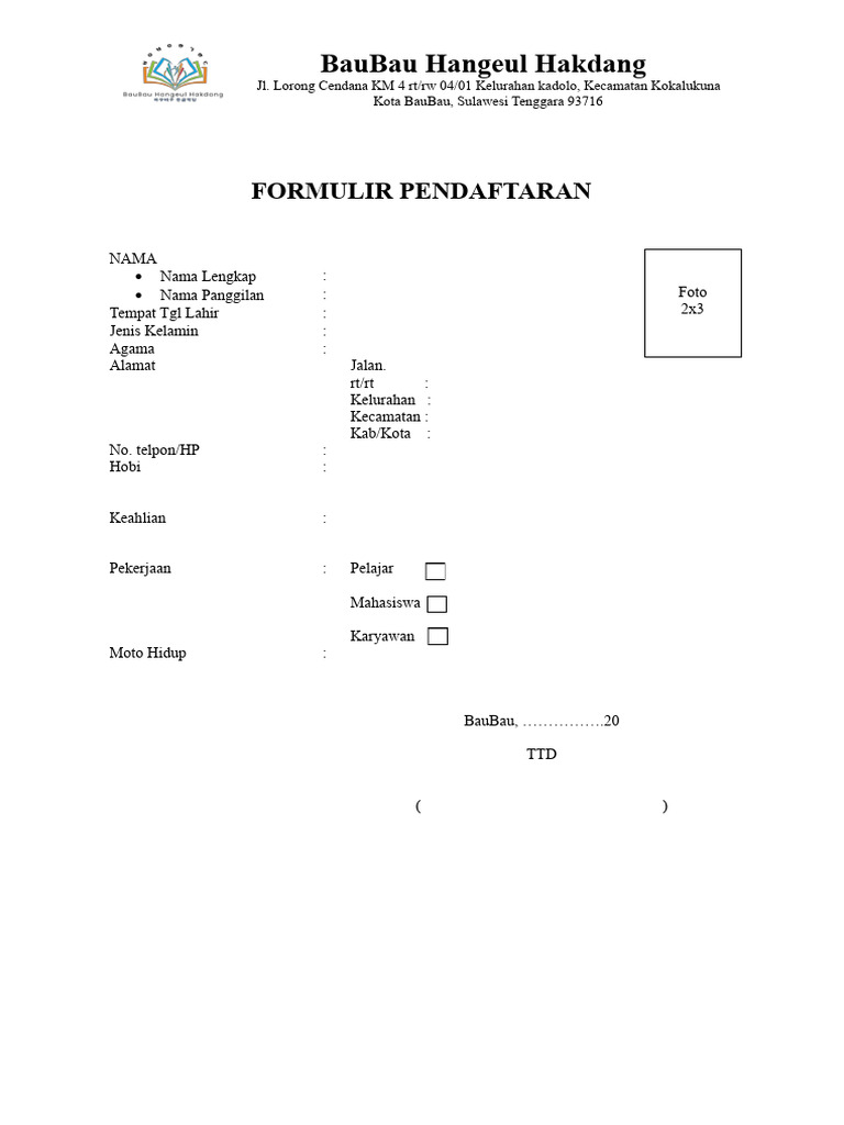 Baubau Hangeul Hakdang: Formulir Pendaftaran | PDF