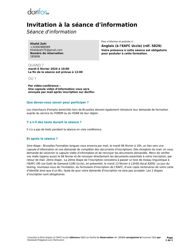 Séance d'info Anglais EAFC Uccle 2024 | PDF