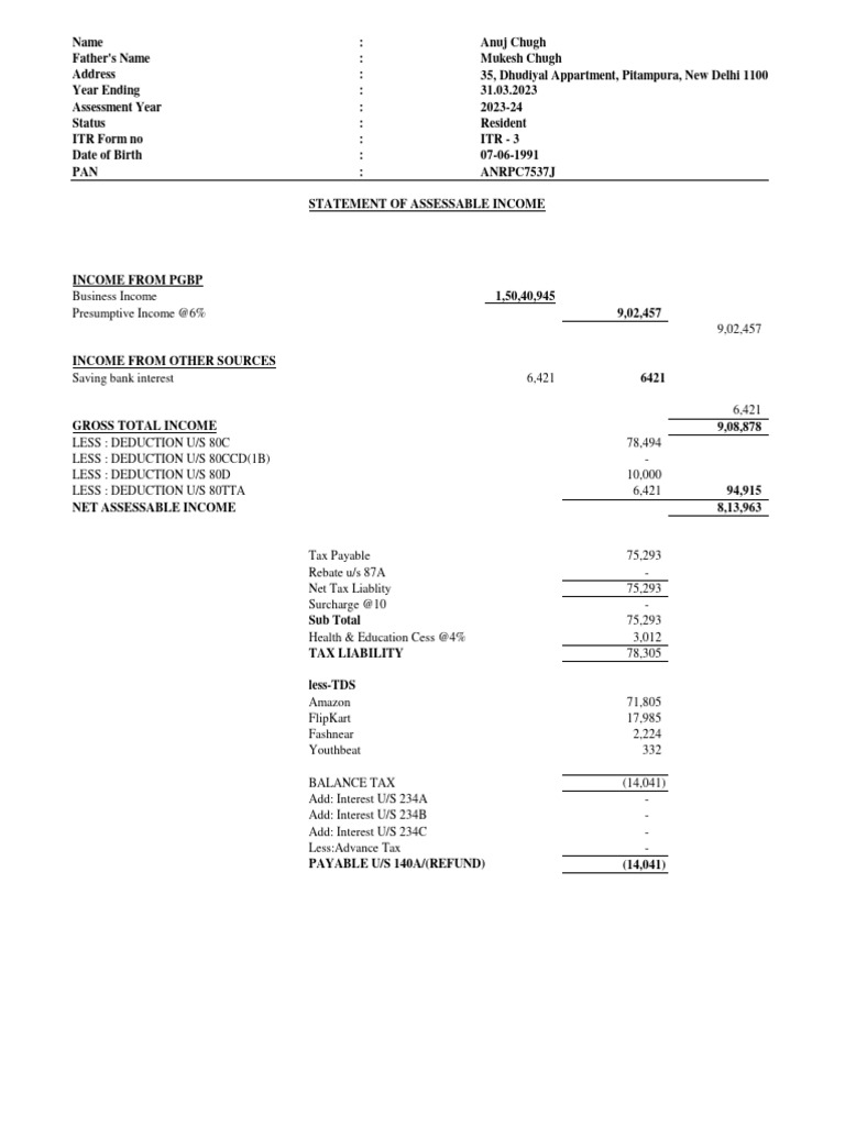 Tax Computation 2023 Anuj Chugh | PDF | Taxes | Tax Deduction