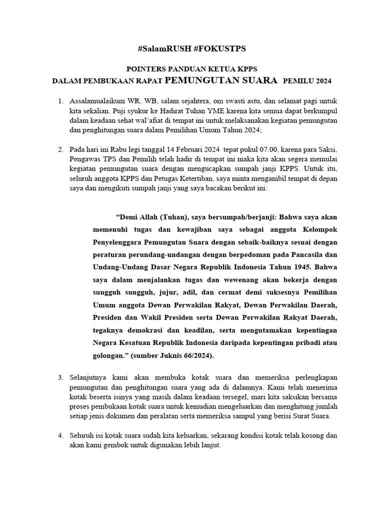 Pointer Bagi Ketua Kpps Saat Pemungutan Suara Pemilu 2024 | PDF