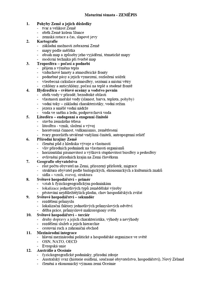 Maturitní Témata Zeměpis | PDF