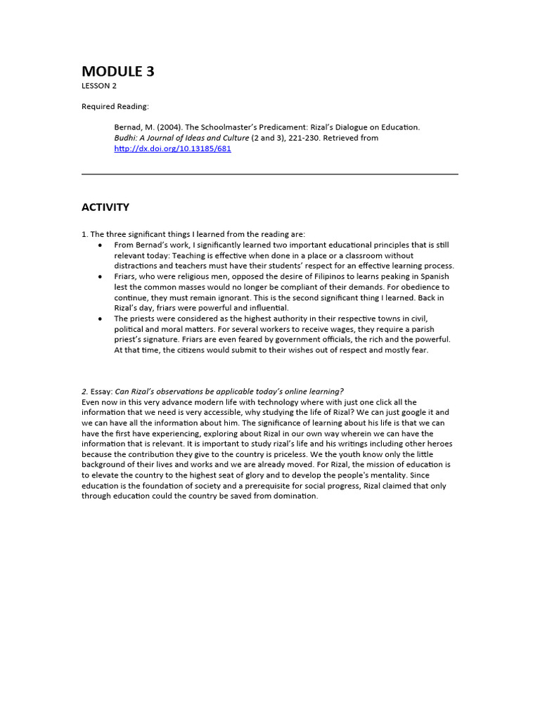 Rizal Module 3 Lesson 2 ACTIVITY | PDF | Social Science | History