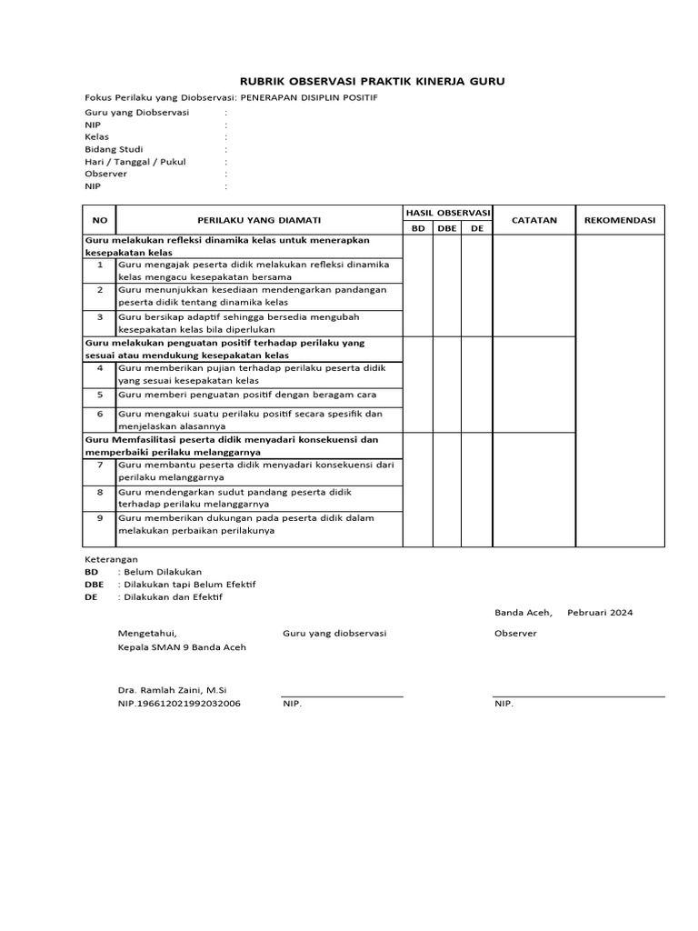 Rubrik Observasi Kelas PMM (Format Word) | PDF