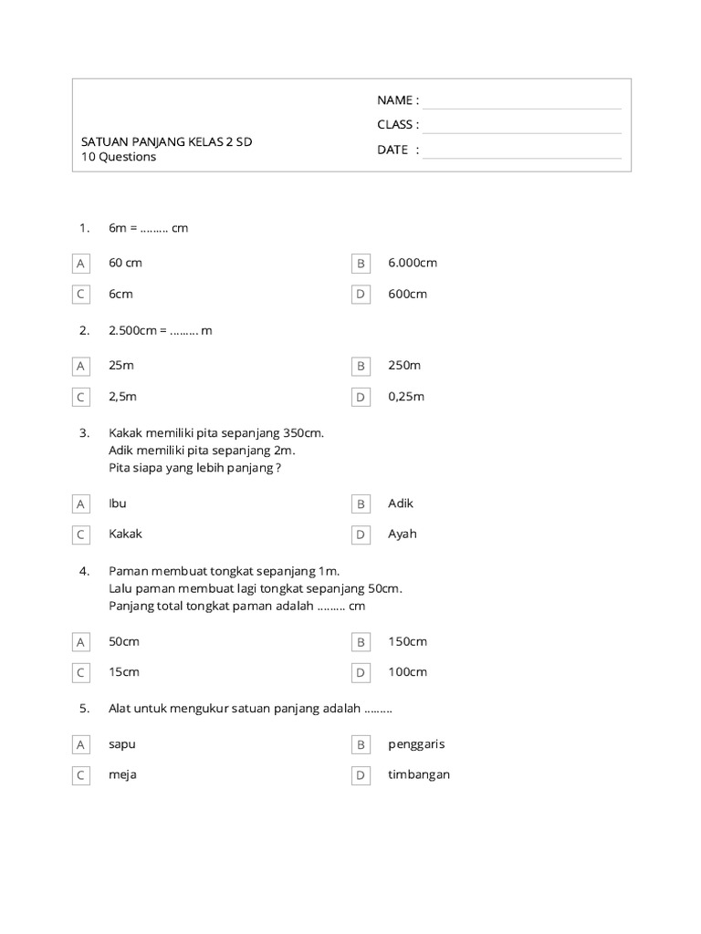 SATUAN PANJANG Kelas 2 - 1 | PDF