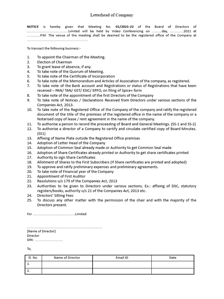 Draft Notice Agenda and Notes - 1st Board Meeting Through VC | PDF ...