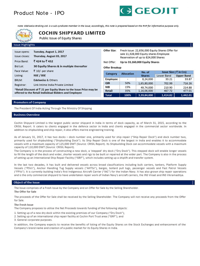 Cochin Shipyard Limited IPO Note | PDF | Stocks | Investing
