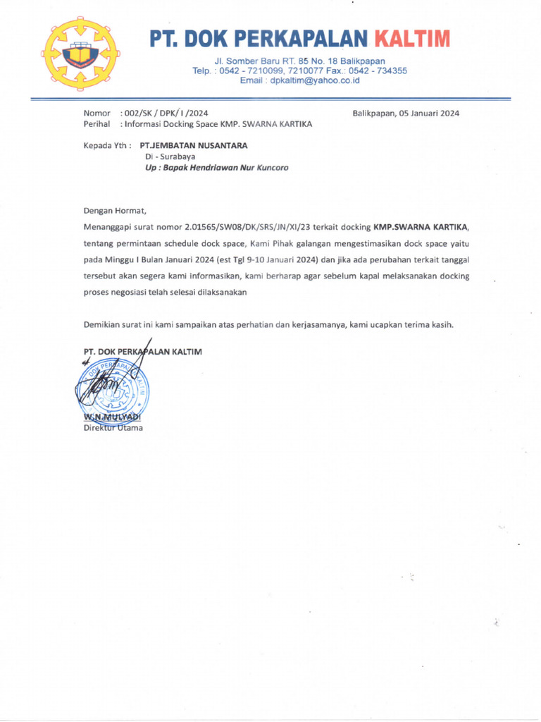 Surat Dock Space KMP Swarna Kartika KRM TGL 05 Jan 2024 | PDF
