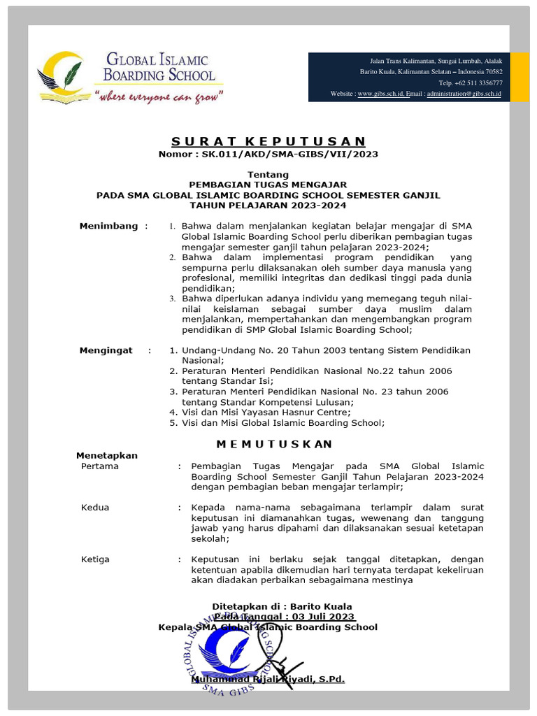 Pembagian Tugas Mengajar SMA GIBS 2023-2024 | PDF