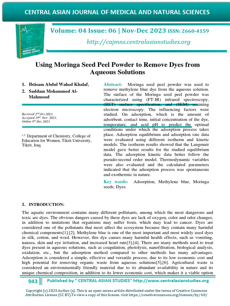 Using Moringa Seed Peel Powder To Remove Dyes From Aqueous Solutions ...