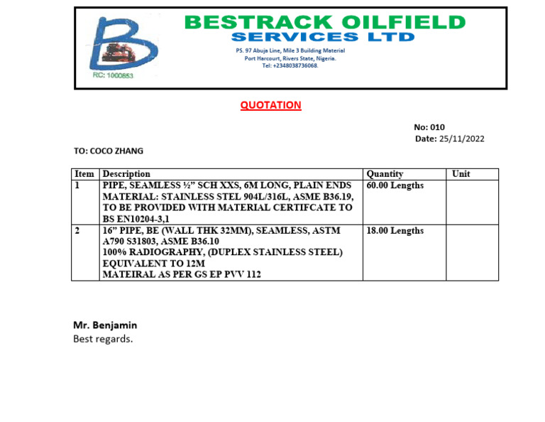 Stainless Steel Pipe Quotation | PDF