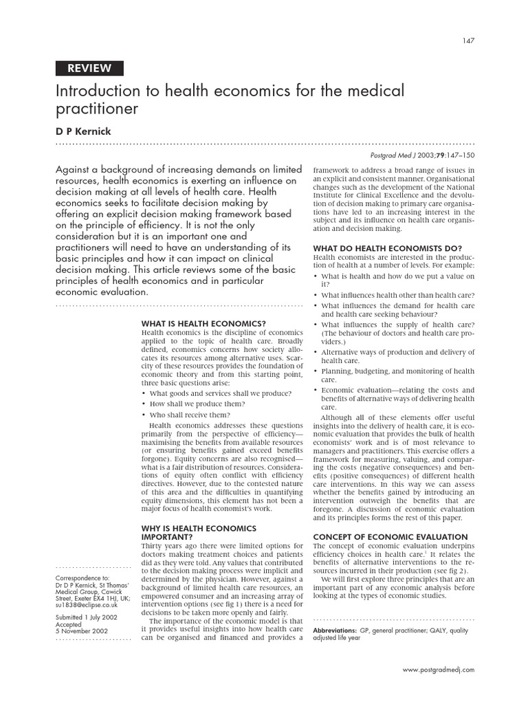 Introduction To Health Economics For The Medical Practitioner ...