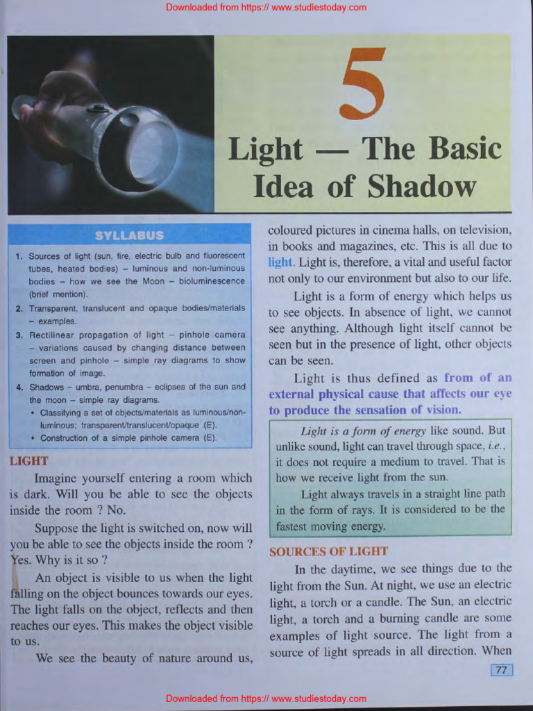 Icse Class 7 Physics Chapter 5 Light The Basic Idea Of Shadow Pdf