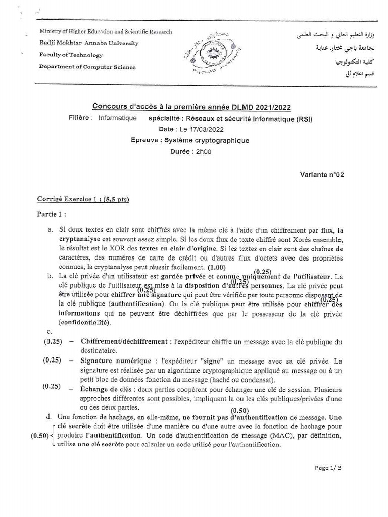 Ep2 - Corrigé Type Epreuve de Spécialité - Systèmes Cryptographiques | PDF