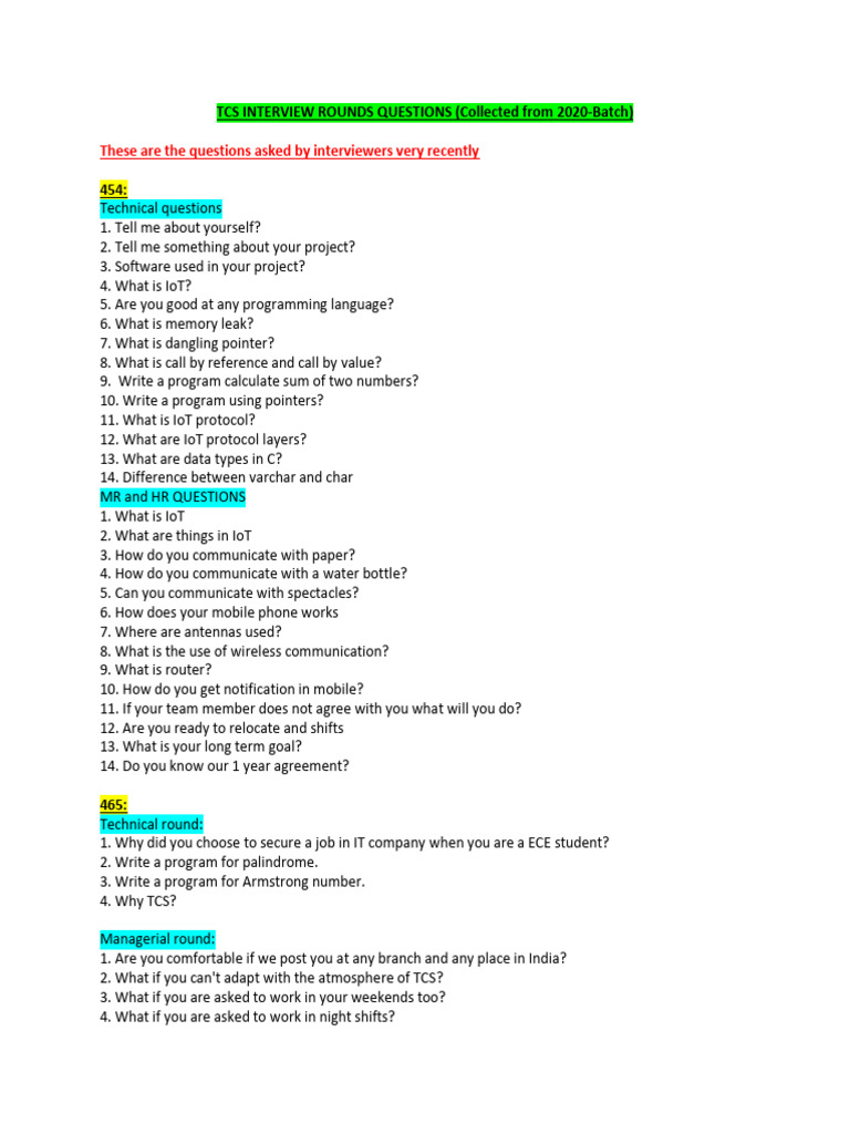 TR-MR-HR Questions in TCS Interview | PDF | Pointer (Computer Programming) | Sql