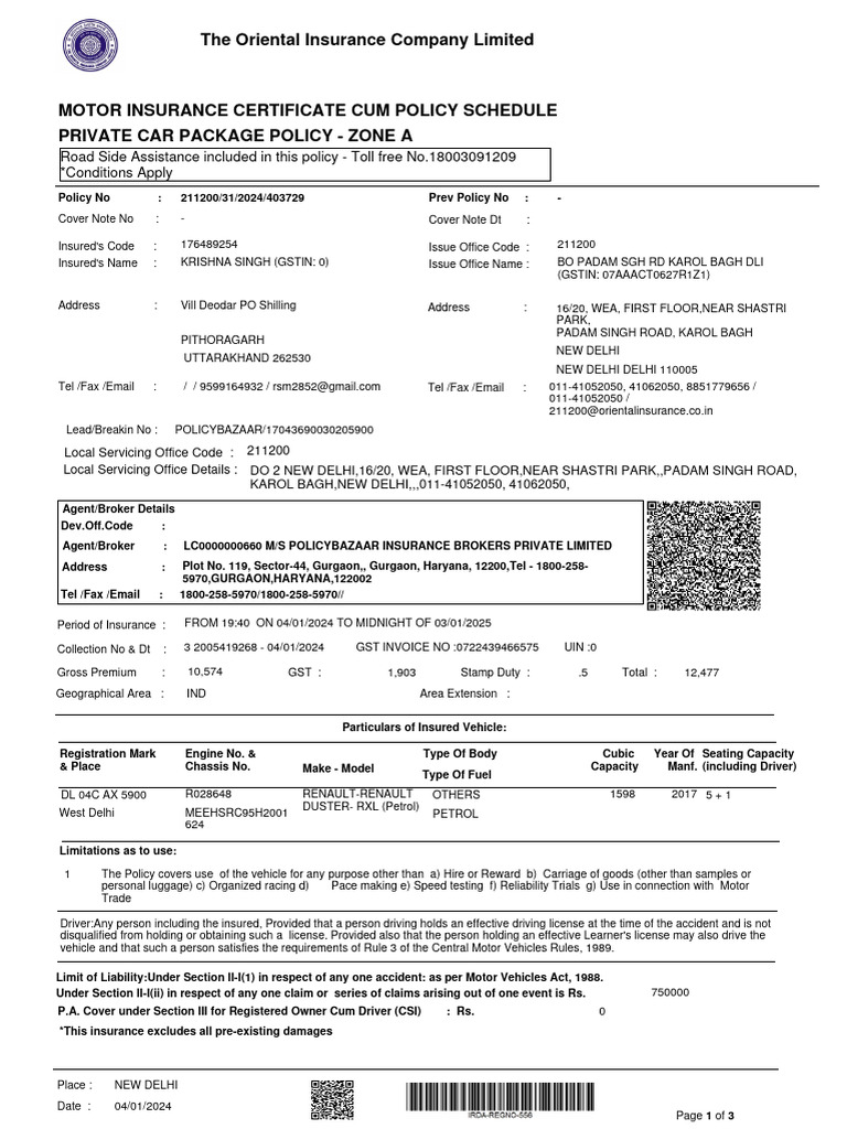 Private Car Insurance Policy 2024 | PDF | Insurance | Deductible