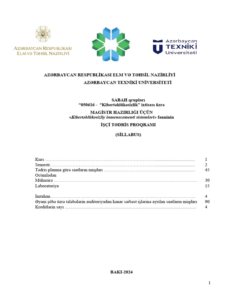 Kibertəhlükəsizliyin Menecementi Sistemləri-Sillabus | PDF