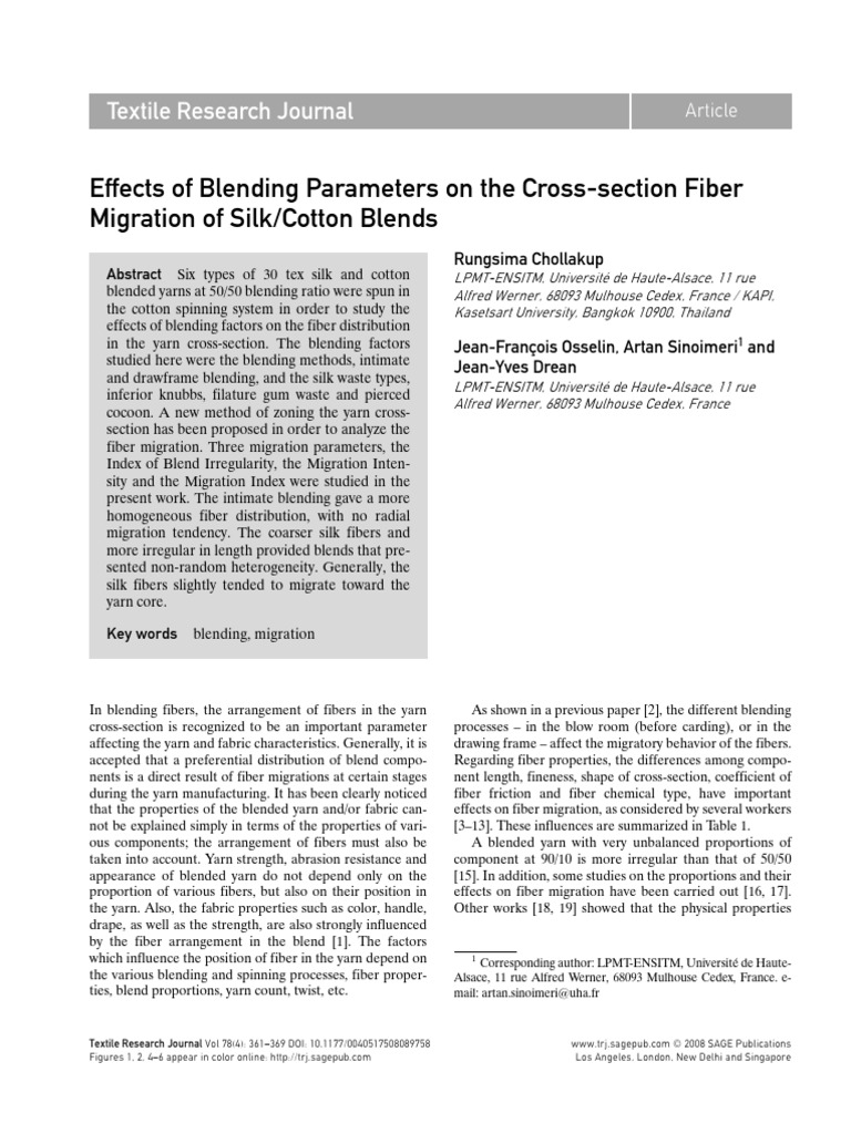 Effects Of Blending Parameters On The Cross Section Fiber Migration Of Silk Cotton Blends Pdf