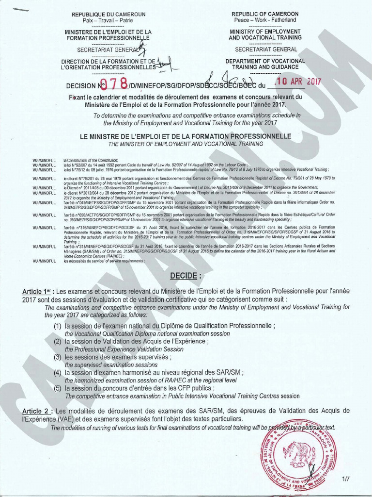 Minefop Calendrier DQP 2017 | PDF