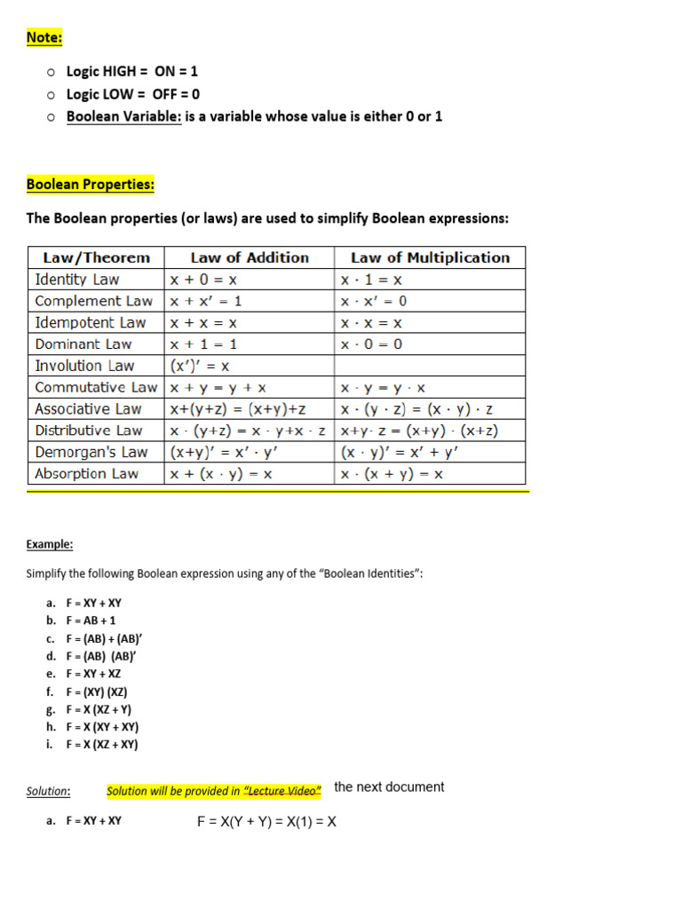 Lecture Notes - Boolean Properties | PDF