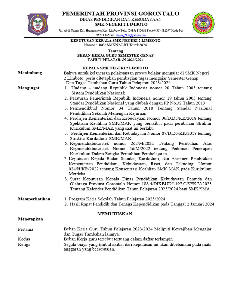 SK Pembagian Tugas Semester Genap 2023 2024 | PDF