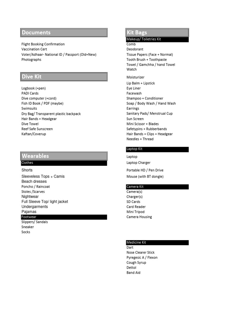 Dive Packing Checklist | PDF | Backpack | Laptop