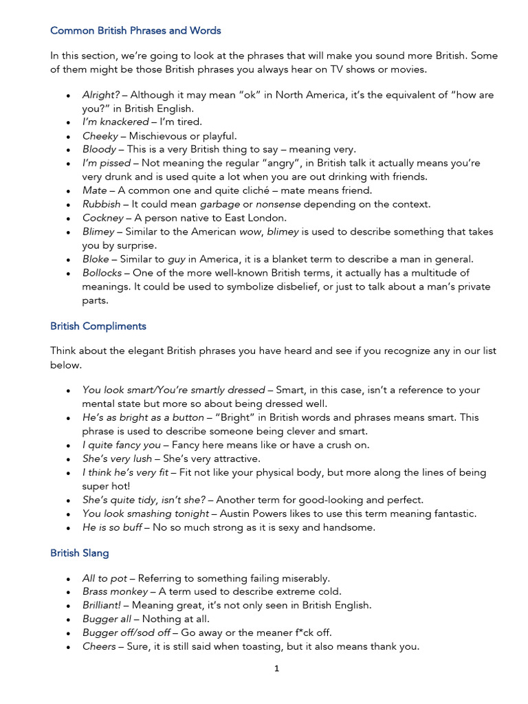 Common British Phrases and Words | PDF | Vocabulary | Lexicology