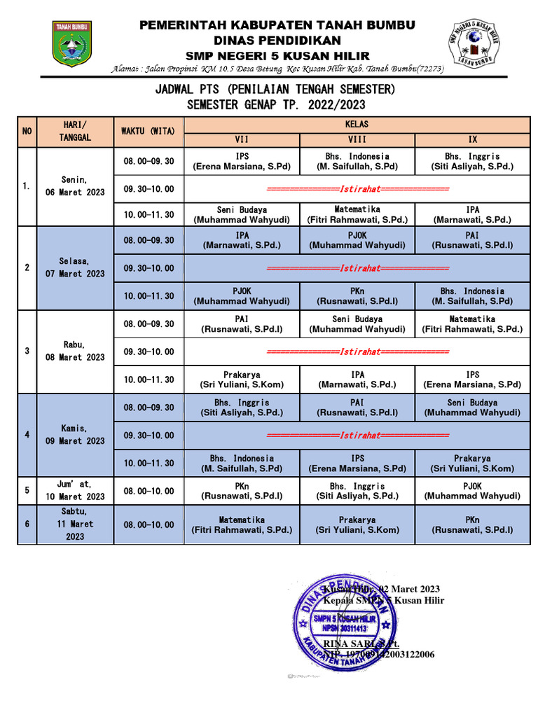 Jadwal - PTS TP.2022 - 2023 | PDF