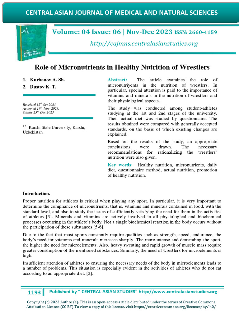 Role of Micronutrients in Healthy Nutrition of Wrestlers | PDF